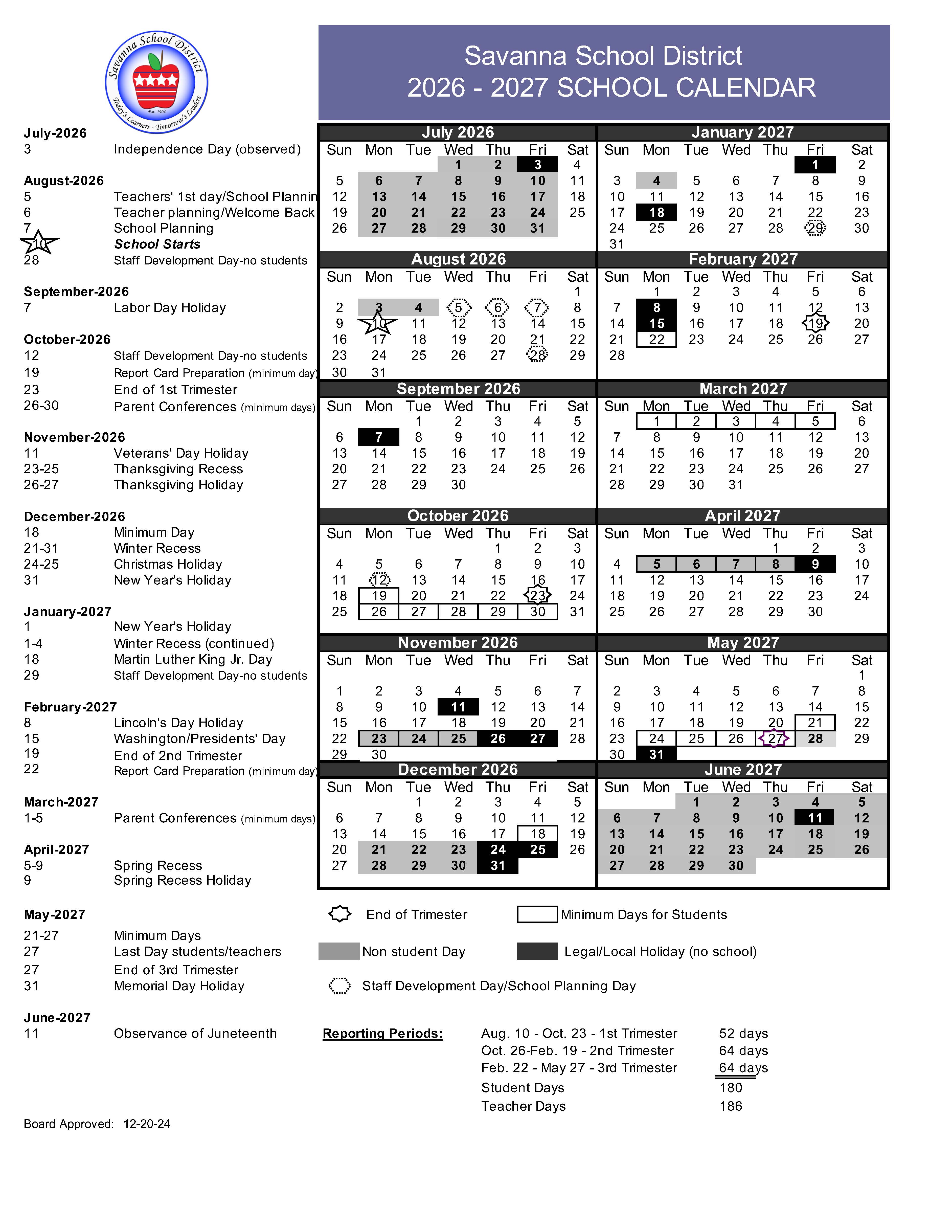 Savanna School District Academic Calendar