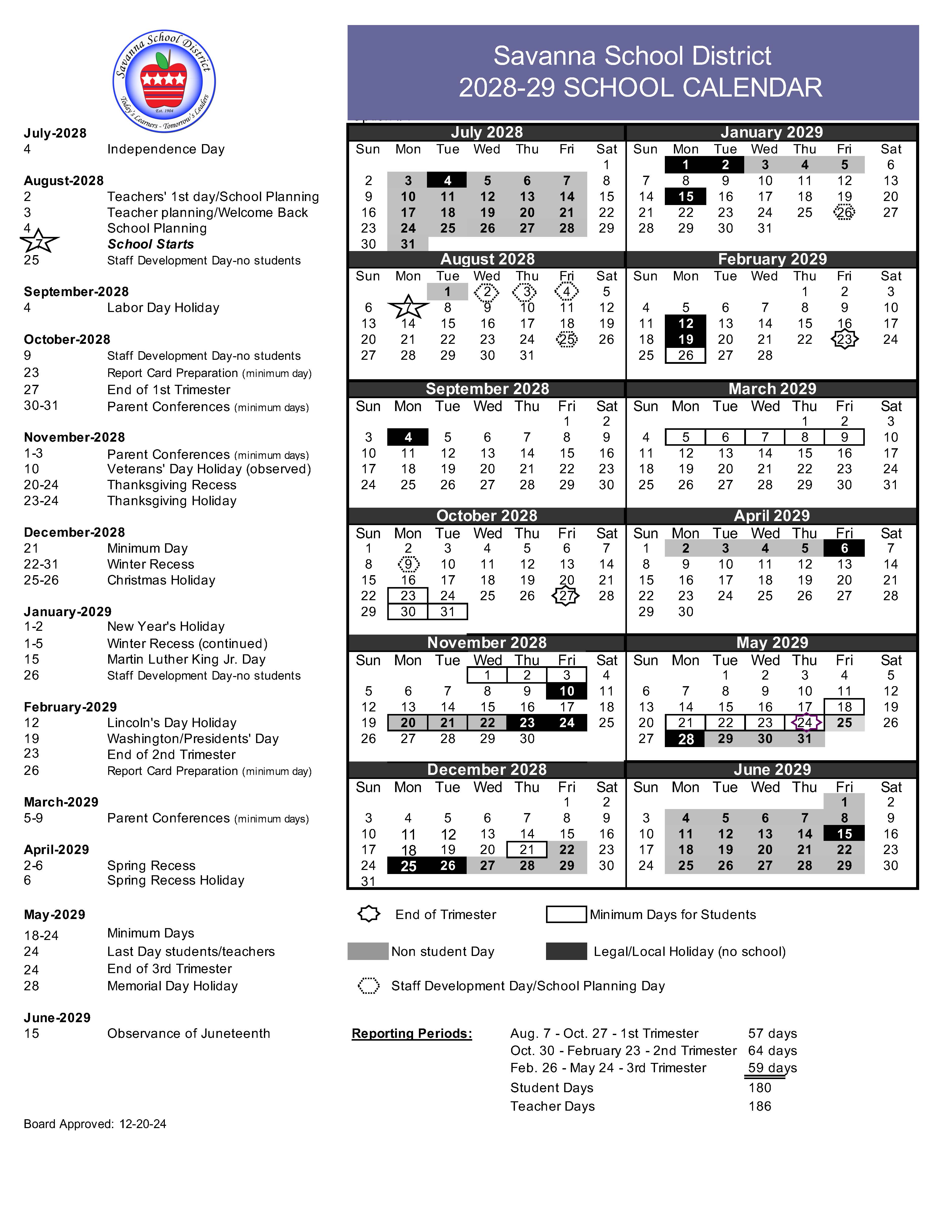 Savanna School District Academic Calendar
